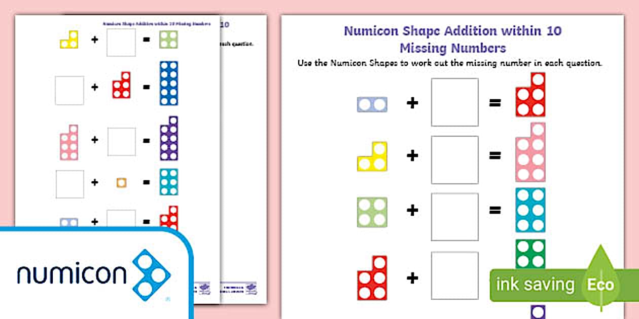 Numicon Shapes Addition within 10 Missing Numbers Worksheets